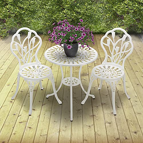 Laurel Canyon Antique Copper Finish Outdoor Furniture with Rust-Resistant Small Round Table and 2 Chairs for Porch, Lawn, Garden, Pool, Backyard, White