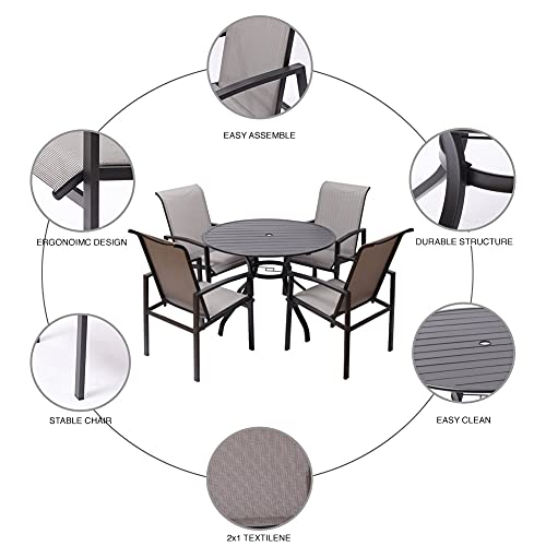 LEVELEVE 5 Piece Patio Dining Set,Outdoor Furniture 4 Textilene Chairs & 1 Round 38"x 38" Metal Slatted Table with 1.5" Umbrella Hole,Outside Porch Deck Balcony Backyard Set for 4