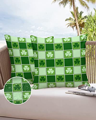 Outdoor Pillows 18x18 Waterproof Outdoor Pillow Covers, St. Patrick's Day Shamrock Plaid Polyester Throw Pillow Covers Garden Cushion Decorative Case for Patio Couch Decoration Set of 2, Buffalo Check