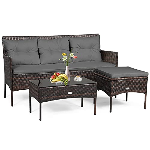 RELAX4LIFE 3 Pieces Patio Furniture Sectional Set, Rattan Wicker Conversation Set W/ 5 Cozy Seat & Back Cushions, Tempered Glass Coffee Table for Poolside, Balcony, Backyard Outdoor Furniture (Gray)