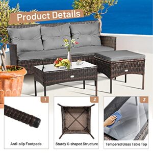 RELAX4LIFE 3 Pieces Patio Furniture Sectional Set, Rattan Wicker Conversation Set W/ 5 Cozy Seat & Back Cushions, Tempered Glass Coffee Table for Poolside, Balcony, Backyard Outdoor Furniture (Gray)