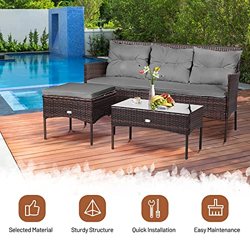 RELAX4LIFE 3 Pieces Patio Furniture Sectional Set, Rattan Wicker Conversation Set W/ 5 Cozy Seat & Back Cushions, Tempered Glass Coffee Table for Poolside, Balcony, Backyard Outdoor Furniture (Gray)