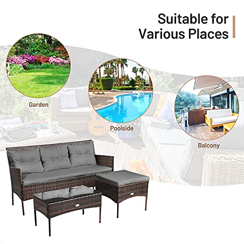 RELAX4LIFE 3 Pieces Patio Furniture Sectional Set, Rattan Wicker Conversation Set W/ 5 Cozy Seat & Back Cushions, Tempered Glass Coffee Table for Poolside, Balcony, Backyard Outdoor Furniture (Gray)