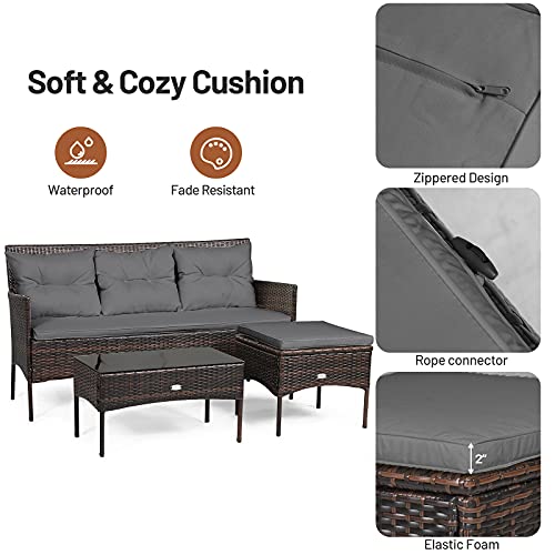 RELAX4LIFE 3 Pieces Patio Furniture Sectional Set, Rattan Wicker Conversation Set W/ 5 Cozy Seat & Back Cushions, Tempered Glass Coffee Table for Poolside, Balcony, Backyard Outdoor Furniture (Gray)