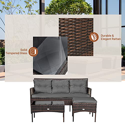 RELAX4LIFE 3 Pieces Patio Furniture Sectional Set, Rattan Wicker Conversation Set W/ 5 Cozy Seat & Back Cushions, Tempered Glass Coffee Table for Poolside, Balcony, Backyard Outdoor Furniture (Gray)