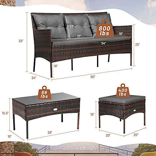 RELAX4LIFE 3 Pieces Patio Furniture Sectional Set, Rattan Wicker Conversation Set W/ 5 Cozy Seat & Back Cushions, Tempered Glass Coffee Table for Poolside, Balcony, Backyard Outdoor Furniture (Gray)