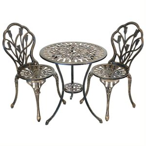 patio premier 217005 3pc outdoor tulip garden bistro set, cast iron and aluminum frame, bronze