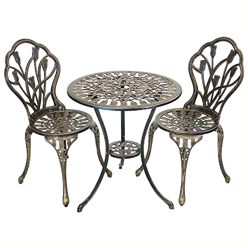 Patio Premier 217005 3pc Outdoor Tulip Garden Bistro Set, Cast Iron and Aluminum Frame, Bronze