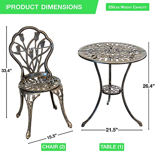 Patio Premier 217005 3pc Outdoor Tulip Garden Bistro Set, Cast Iron and Aluminum Frame, Bronze