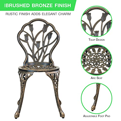 Patio Premier 217005 3pc Outdoor Tulip Garden Bistro Set, Cast Iron and Aluminum Frame, Bronze