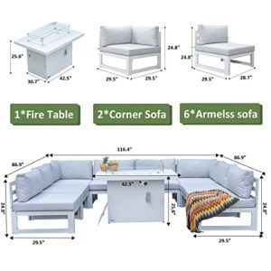 BULEXYARD Aluminum Patio Furniture Set with 43" Propane Gas Fire Pit Table, 9 Pieces Metal Outdoor Furniture Patio Sectional Sofa Large Conversation Sets w/CSA Approved Outdooor Fire Tables(White)