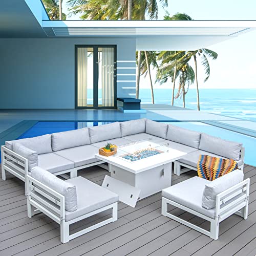 BULEXYARD Aluminum Patio Furniture Set with 43" Propane Gas Fire Pit Table, 9 Pieces Metal Outdoor Furniture Patio Sectional Sofa Large Conversation Sets w/CSA Approved Outdooor Fire Tables(White)