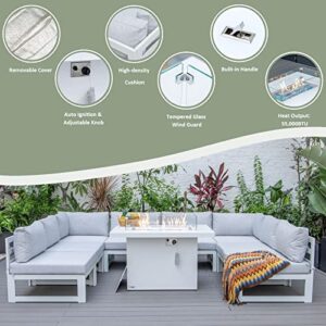 BULEXYARD Aluminum Patio Furniture Set with 43" Propane Gas Fire Pit Table, 9 Pieces Metal Outdoor Furniture Patio Sectional Sofa Large Conversation Sets w/CSA Approved Outdooor Fire Tables(White)