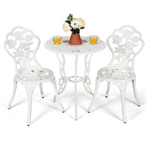 giantex 3 piece bistro set, cast aluminum porch furniture, outdoor patio dining table and chairs with umbrella hole for balcony backyard garden poolside (white rose pattern)