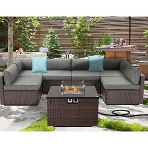 sunbury outdoor 7 piece sectional sofa propane fire pit, dark brown patio furniture set w 32-inch 40,000 btu square wicker fire table tank 20 gal outside for garden, poolside, backyard