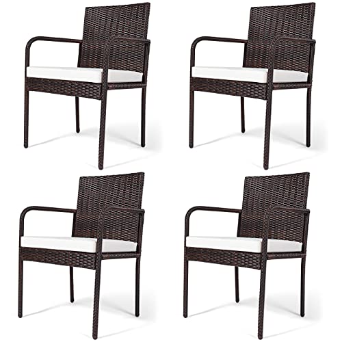 Tangkula 4-Piece Patio Rattan Dining Chairs, Patiojoy Outdoor Wicker Dining Chairs with Padded Sponge Cushion, High Back Curved Armrests, Ideal for Garden Poolside Lawn Backyard (Brown)