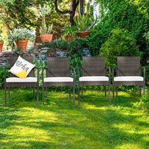 Tangkula 4-Piece Patio Rattan Dining Chairs, Patiojoy Outdoor Wicker Dining Chairs with Padded Sponge Cushion, High Back Curved Armrests, Ideal for Garden Poolside Lawn Backyard (Brown)