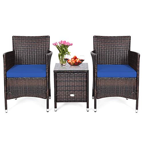 HAPPYGRILL 3 Piece Patio Furniture Set Outdoor Rattan Wicker Conversation Set with Coffee Table Chairs & Thick Cushions Bistro Sets for Patio Garden Lawn Backyard Pool