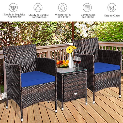 HAPPYGRILL 3 Piece Patio Furniture Set Outdoor Rattan Wicker Conversation Set with Coffee Table Chairs & Thick Cushions Bistro Sets for Patio Garden Lawn Backyard Pool