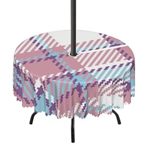 checkered pattern round outdoor tablecloth,round tablecloth with umbrella hole and zipper for patio garden,waterproof spill-proof,for backyard party bbq decor(72″ round,pale blue purple lilac)