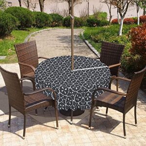 Damask Pattern round outdoor tablecloth,Round Tablecloth with Umbrella Hole and Zipper for Patio Garden,Waterproof Spill-Proof,for Camping, Picnic, Spring, Patio, Party(72" Round,Grey and White)