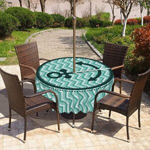 Lirduipu Anchor Pattern Round Outdoor Tablecloth,Outdoor Round Tablecloth with Umbrella Hole - Water Resistant Spillproof,for Umbrella Table Patio Garden(72" Round,Dark Green Turquoise)