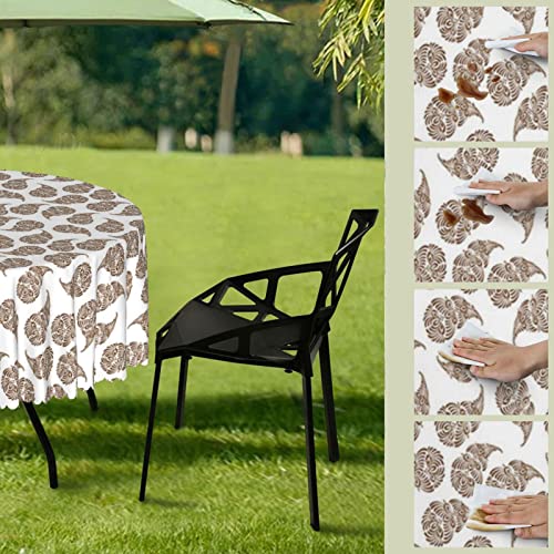 Lirduipu Brown Paisley Pattern Round Outdoor Tablecloth,Round Table Cloth Washable Water Resistance Tablecloth with Umbrella Hole Zippered,for Patio Garden Tabletop Decor(72" Round,Umber White)