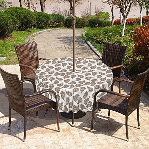 Lirduipu Brown Paisley Pattern Round Outdoor Tablecloth,Round Table Cloth Washable Water Resistance Tablecloth with Umbrella Hole Zippered,for Patio Garden Tabletop Decor(72" Round,Umber White)