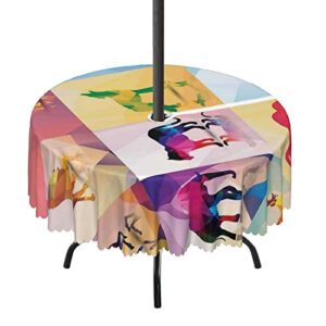 lirduipu animal pattern round outdoor tablecloth,round tablecloth with umbrella hole and zipper for patio garden,waterproof spill-proof,for backyard party bbq decor(72″ round,multicolor)