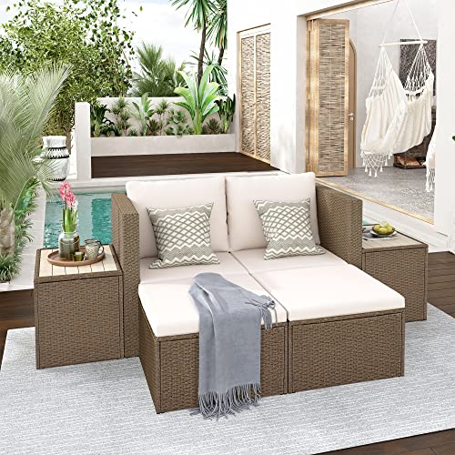 SIYAHOME Conversation 6-Piece Outdoor Furniture, PE Rattan Sectional Sofa Set with 2 Tea Tables for Poolside, Garden, Deck, Wicker Cushion, Brown + Beige