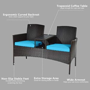 HAPPYGRILL Outdoor Rattan Loveseat Set Patio Wicker Conversation Set with Removable Cushions, Wicker Sofa Furniture Set with Coffee Table for Garden Lawn Backyard