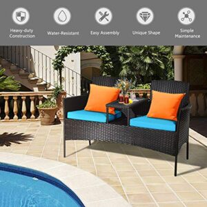 HAPPYGRILL Outdoor Rattan Loveseat Set Patio Wicker Conversation Set with Removable Cushions, Wicker Sofa Furniture Set with Coffee Table for Garden Lawn Backyard