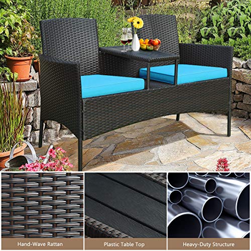 HAPPYGRILL Outdoor Rattan Loveseat Set Patio Wicker Conversation Set with Removable Cushions, Wicker Sofa Furniture Set with Coffee Table for Garden Lawn Backyard