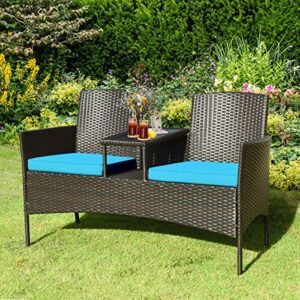 HAPPYGRILL Outdoor Rattan Loveseat Set Patio Wicker Conversation Set with Removable Cushions, Wicker Sofa Furniture Set with Coffee Table for Garden Lawn Backyard