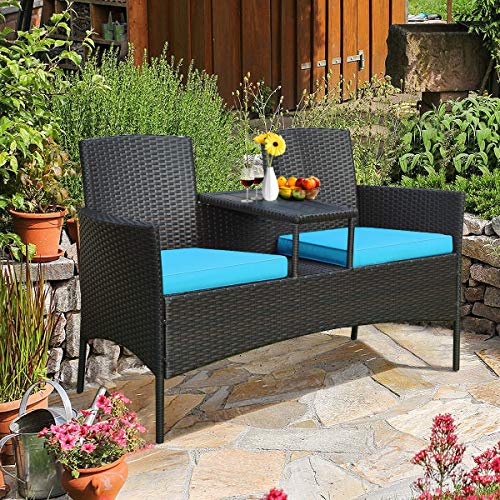 HAPPYGRILL Outdoor Rattan Loveseat Set Patio Wicker Conversation Set with Removable Cushions, Wicker Sofa Furniture Set with Coffee Table for Garden Lawn Backyard