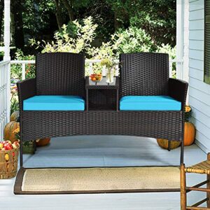 HAPPYGRILL Outdoor Rattan Loveseat Set Patio Wicker Conversation Set with Removable Cushions, Wicker Sofa Furniture Set with Coffee Table for Garden Lawn Backyard