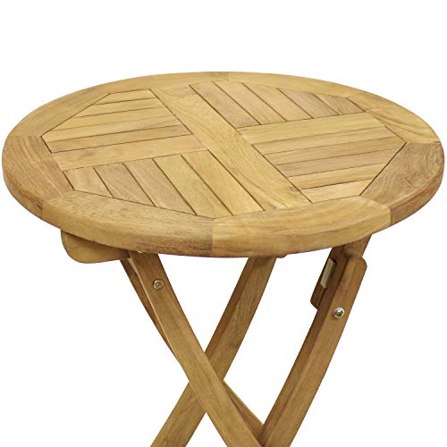 Sunnydaze Round Folding Solid Teak Outdoor Dining Table - Light Wood Stain Finish - Patio, Deck, Lawn, Garden, Backyard or Terrace Wooden Table - 23-Inch