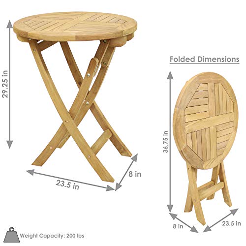 Sunnydaze Round Folding Solid Teak Outdoor Dining Table - Light Wood Stain Finish - Patio, Deck, Lawn, Garden, Backyard or Terrace Wooden Table - 23-Inch