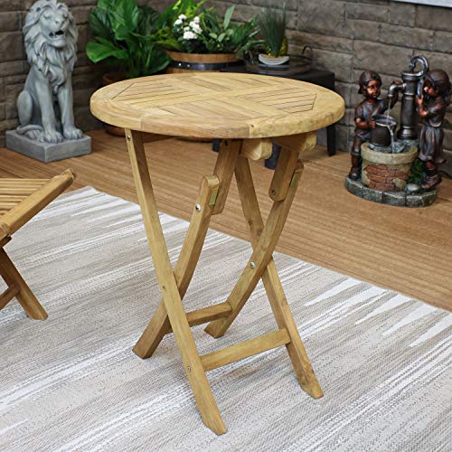 Sunnydaze Round Folding Solid Teak Outdoor Dining Table - Light Wood Stain Finish - Patio, Deck, Lawn, Garden, Backyard or Terrace Wooden Table - 23-Inch