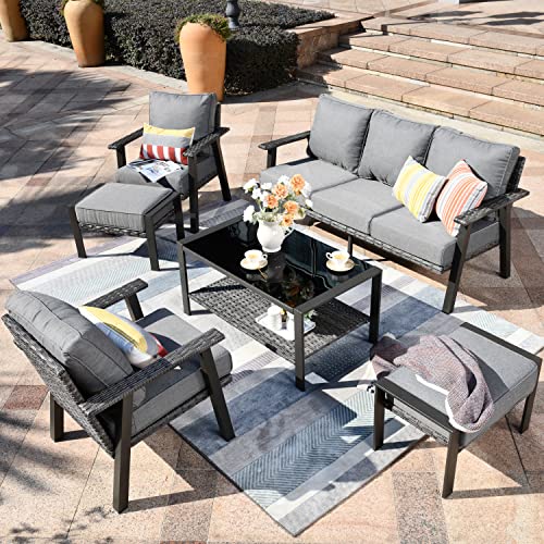 HOOOWOOO Outdoor Patio Furniture Sets,6 Piece Modern Conversation Set with 3 Seat Sofa 2 PCS All-Weather Wicker Chair Tempered Glass Top Table and Ottoman Footstool,Dark Grey Cushions