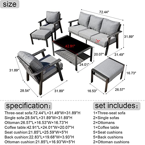 HOOOWOOO Outdoor Patio Furniture Sets,6 Piece Modern Conversation Set with 3 Seat Sofa 2 PCS All-Weather Wicker Chair Tempered Glass Top Table and Ottoman Footstool,Dark Grey Cushions