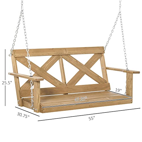 Outsunny 2 Person Porch Swing, Patio Swing, Outdoor Swing Bench with Pine Wood Frame and Hanging Chains for Garden and Yard, 550 lbs Weight Capacity, X Shaped Design, Natural