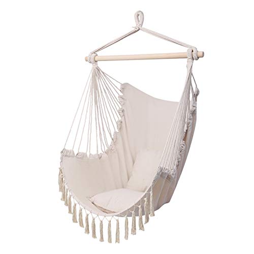 Hanging Rope Hammock Chair, Lace Swing Chair with 2 Seat Cushions & Installation Kit, Max 330 Lbs, for Indoor Outdoor Garden Yard Theme Decoration (Beige)