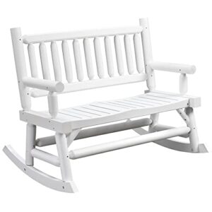 outsunny 2-person wood rocking chair with log design, heavy duty loveseat with wide curved seats for patio, backyard, garden, white