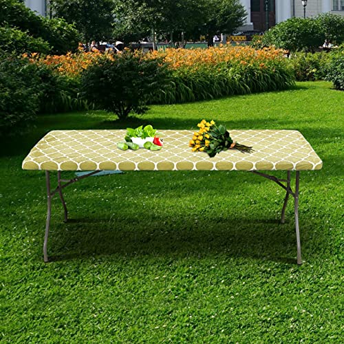 LAMMOON Vinyl Tablecloth for Folding Table,Tight Fitted Rectangular Table Cloth for 4 Ft, Elastic Fitted Table Cover for Outdoor Garden Camping Picnic Party(Khaki)