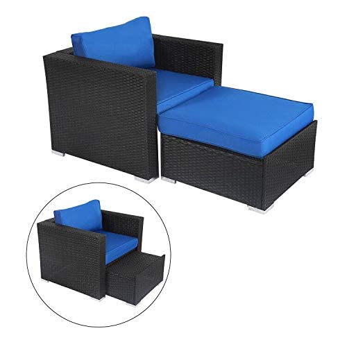 Patio Furniture Set with Ottoman, Outdoor PE Rattan Wicker Conversation Sofa Set W/Ottoman Footstool Set for Garden, Patio, Balcony, Beach, Space Saving Design(Dark Blue Cushion)