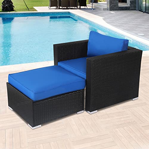 Patio Furniture Set with Ottoman, Outdoor PE Rattan Wicker Conversation Sofa Set W/Ottoman Footstool Set for Garden, Patio, Balcony, Beach, Space Saving Design(Dark Blue Cushion)