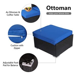 Patio Furniture Set with Ottoman, Outdoor PE Rattan Wicker Conversation Sofa Set W/Ottoman Footstool Set for Garden, Patio, Balcony, Beach, Space Saving Design(Dark Blue Cushion)