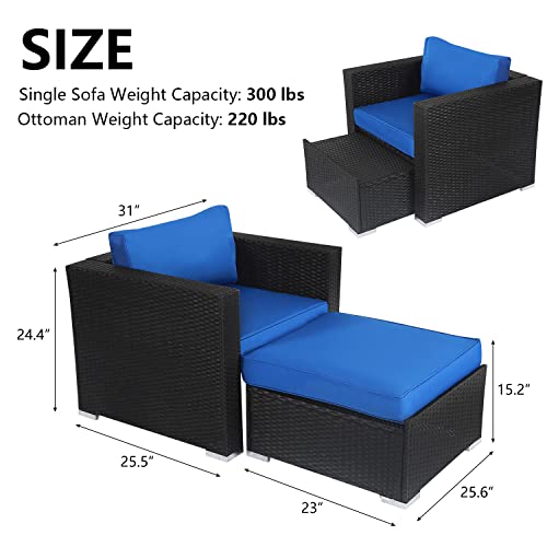 Patio Furniture Set with Ottoman, Outdoor PE Rattan Wicker Conversation Sofa Set W/Ottoman Footstool Set for Garden, Patio, Balcony, Beach, Space Saving Design(Dark Blue Cushion)