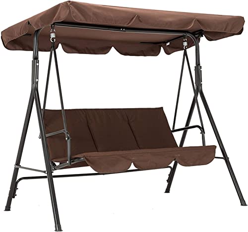 Outdoor Porch Swing, 3 Person Patio Swing Seat with Sunshade Canopy, Strong Weather Resistant Steel Frame, Outdoor Porch Swing Chair Bench for Patio, Garden, Poolside, Balcony, Backyard (Coffee)